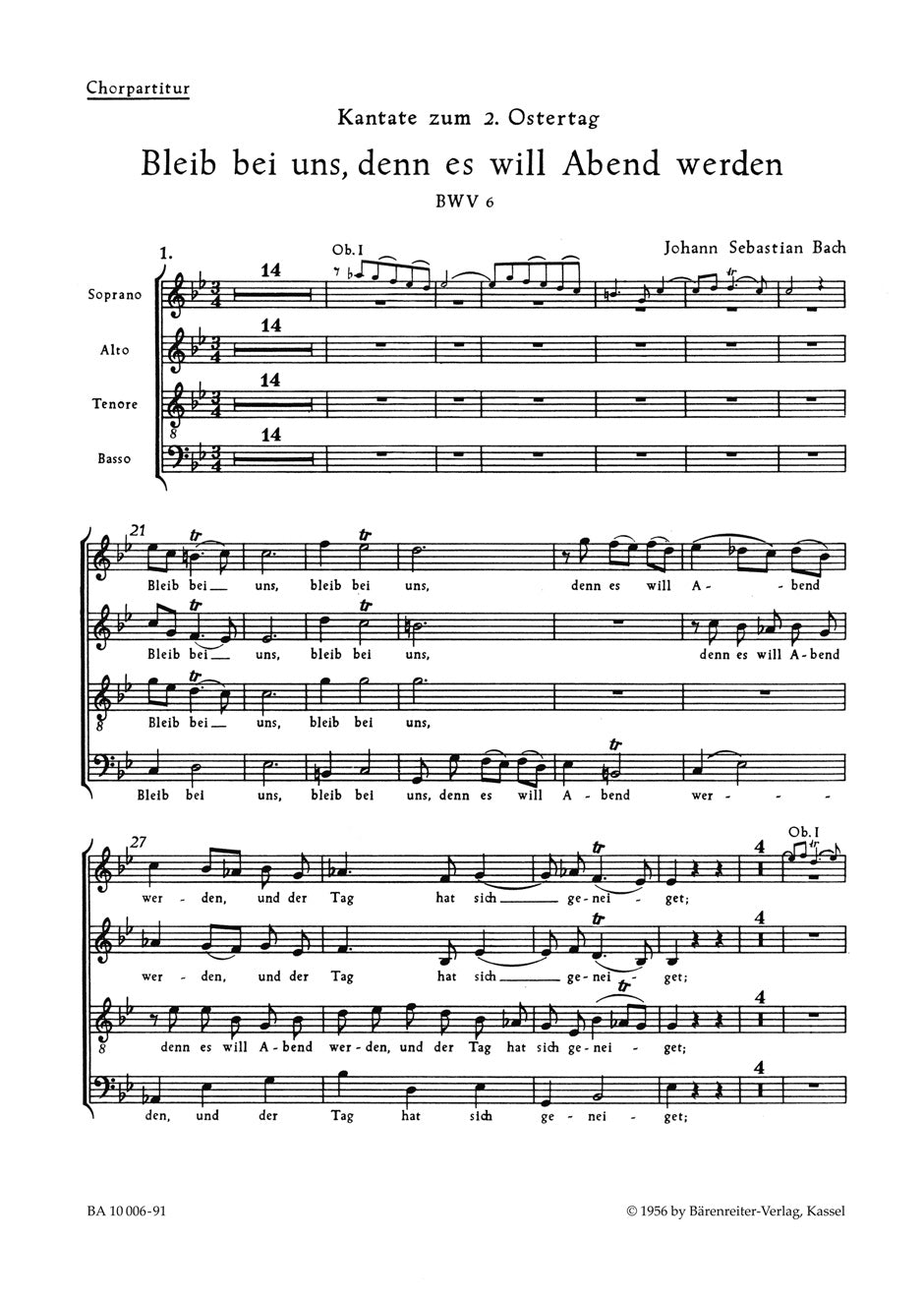 Bach Bleib bei uns, denn es will Abend werden BWV 6 Choral Part ...